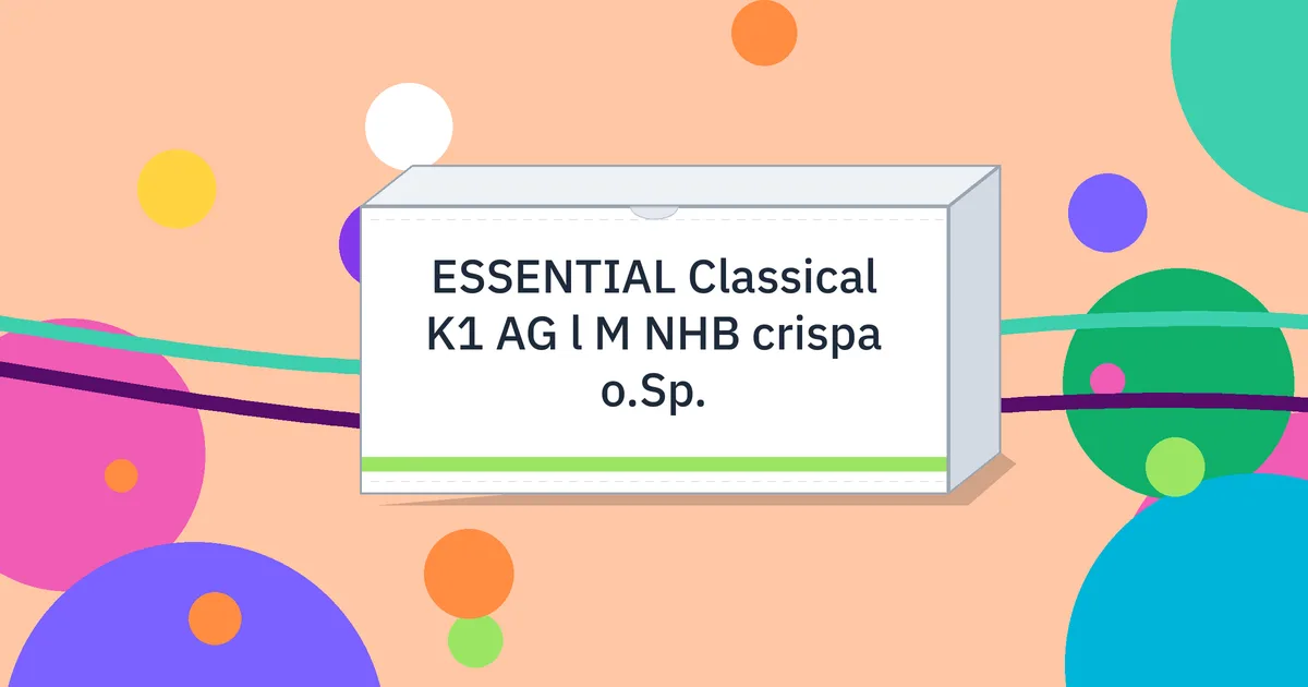 Symbolbild: Packung mit der Aufschrift ESSENTIAL Classical K1 AG l M NHB crispa o.Sp. (PZN 17001073) – Verfügbarkeit und Bezug in Apotheken in Frankfurt am Main