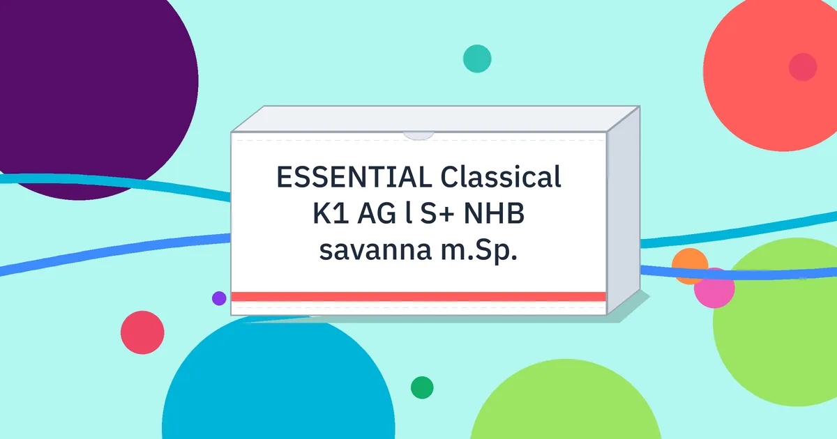 Symbolbild: Packung mit der Aufschrift ESSENTIAL Classical K1 AG l S+ NHB savanna m.Sp. (PZN 17003014) – Verfügbarkeit und Bezug in Apotheken in Frankfurt am Main