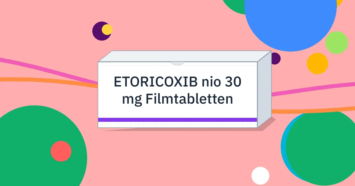 Symbolbild: Packung mit der Aufschrift ETORICOXIB nio 30 mg Filmtabletten (PZN 20348018) – Verfügbarkeit und Bezug in Apotheken in Frankfurt am Main
