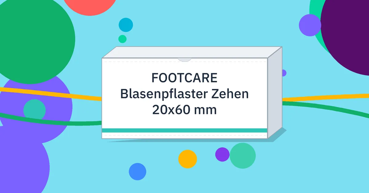 Symbolbild: Packung mit der Aufschrift FOOTCARE Blasenpflaster Zehen 20x60 mm (PZN 19299639) – Verfügbarkeit und Bezug in Apotheken in Frankfurt am Main