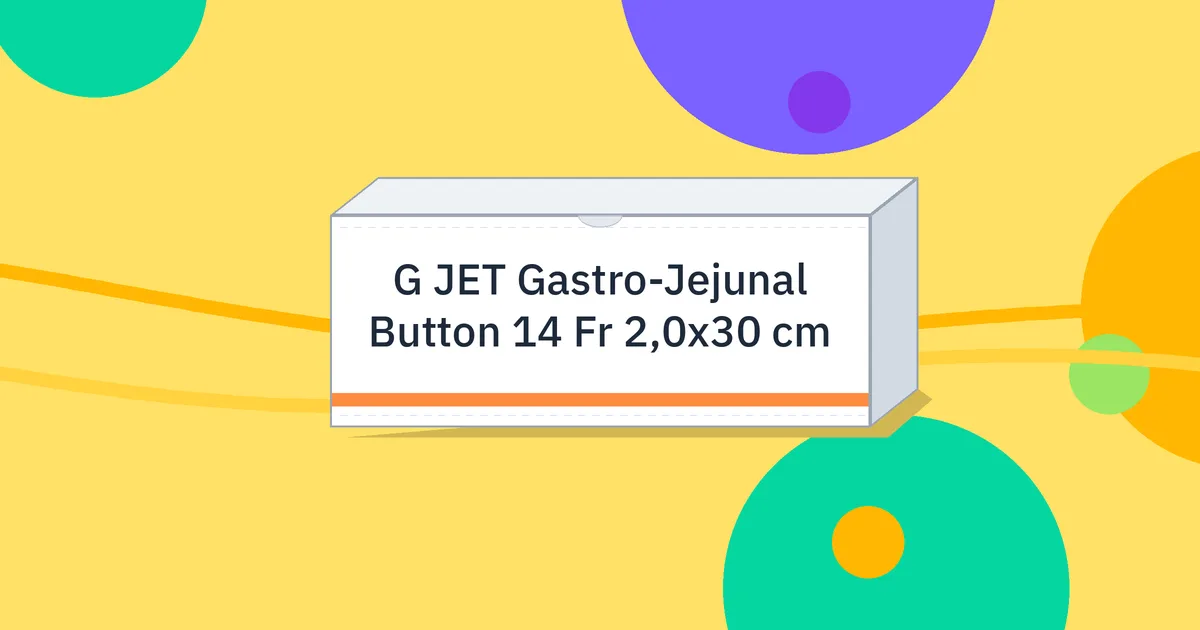 Symbolbild: Packung mit der Aufschrift G JET Gastro-Jejunal Button 14 Fr 2,0x30 cm (PZN 14346529) – Verfügbarkeit und Bezug in Apotheken in Frankfurt am Main