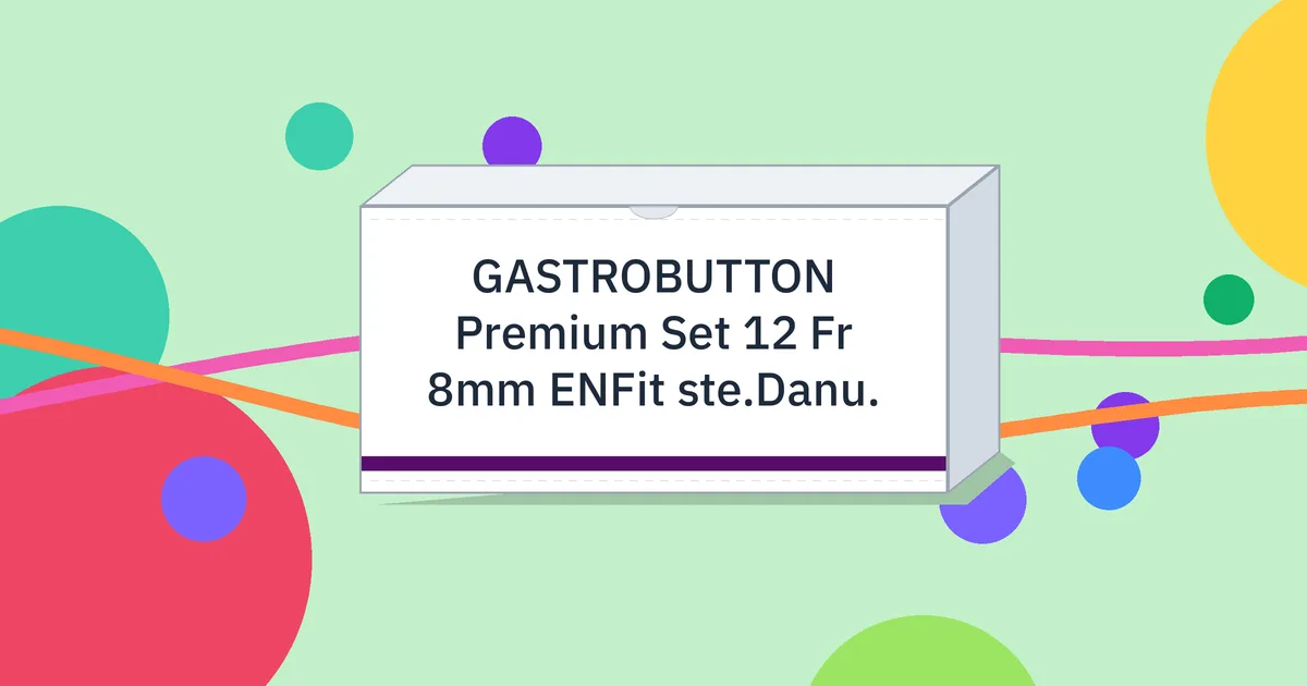 Symbolbild: Packung mit der Aufschrift GASTROBUTTON Premium Set 12 Fr 8mm ENFit ste.Danu. (PZN 16883214) – Verfügbarkeit und Bezug in Apotheken in Frankfurt am Main