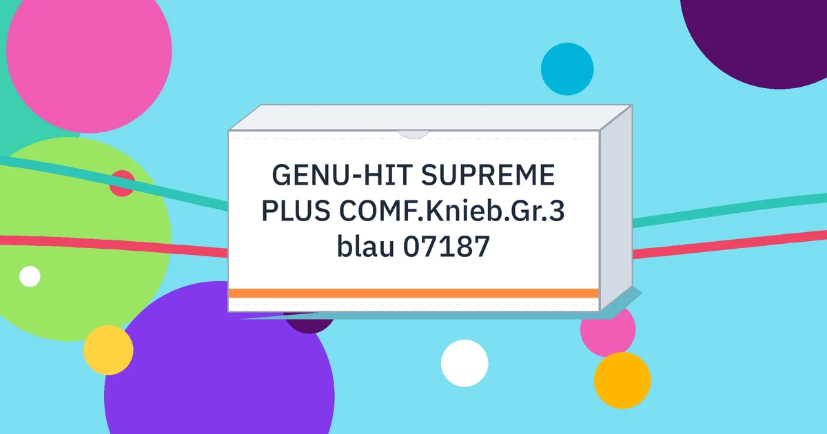 Symbolbild: Packung mit der Aufschrift GENU-HIT SUPREME PLUS COMF.Knieb.Gr.3 blau 07187 (PZN 18181491) – Verfügbarkeit und Bezug in Apotheken in Frankfurt am Main