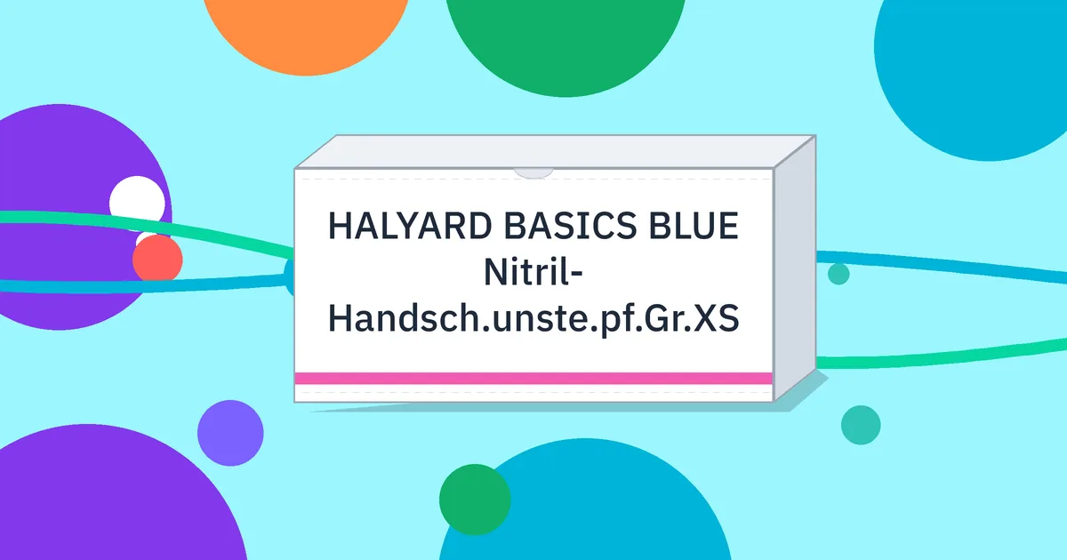 Symbolbild: Packung mit der Aufschrift HALYARD BASICS BLUE Nitril-Handsch.unste.pf.Gr.XS (PZN 12608422) – Verfügbarkeit und Bezug in Apotheken in Frankfurt am Main