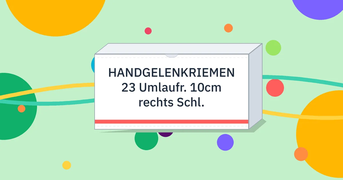 Symbolbild: Packung mit der Aufschrift HANDGELENKRIEMEN 23 Umlaufr. 10cm rechts Schl. (PZN 01963025) – Verfügbarkeit und Bezug in Apotheken in Frankfurt am Main