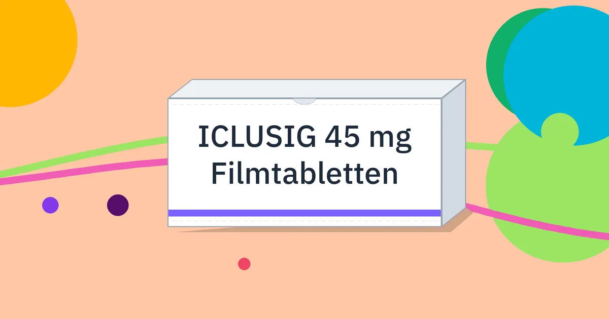 Symbolbild: Packung mit der Aufschrift ICLUSIG 45 mg Filmtabletten (PZN 20602830) – Verfügbarkeit und Bezug in Apotheken in Frankfurt am Main