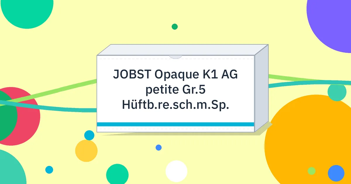 Symbolbild: Packung mit der Aufschrift JOBST Opaque K1 AG petite Gr.5 Hüftb.re.sch.m.Sp. (PZN 13099230) – Verfügbarkeit und Bezug in Apotheken in Frankfurt am Main