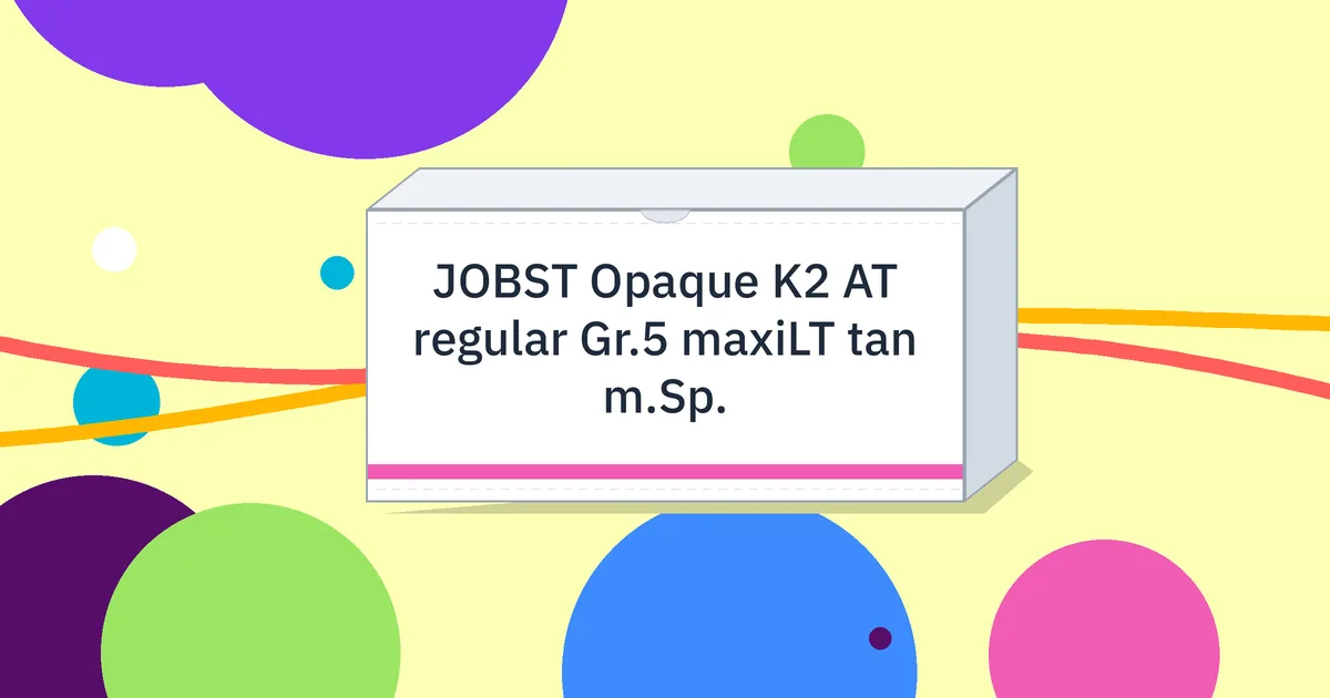 Symbolbild: Packung mit der Aufschrift JOBST Opaque K2 AT regular Gr.5 maxiLT tan m.Sp. (PZN 16289770) – Verfügbarkeit und Bezug in Apotheken in Frankfurt am Main