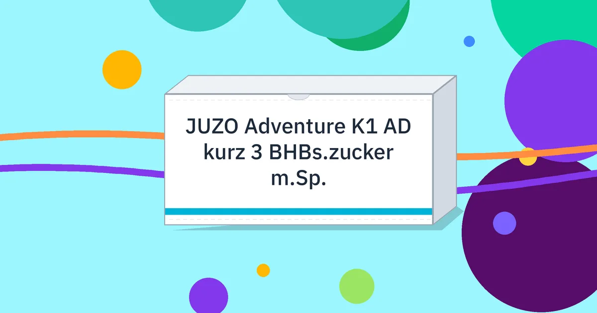 Symbolbild: Packung mit der Aufschrift JUZO Adventure K1 AD kurz 3 BHBs.zucker m.Sp. (PZN 16342984) – Verfügbarkeit und Bezug in Apotheken in Frankfurt am Main