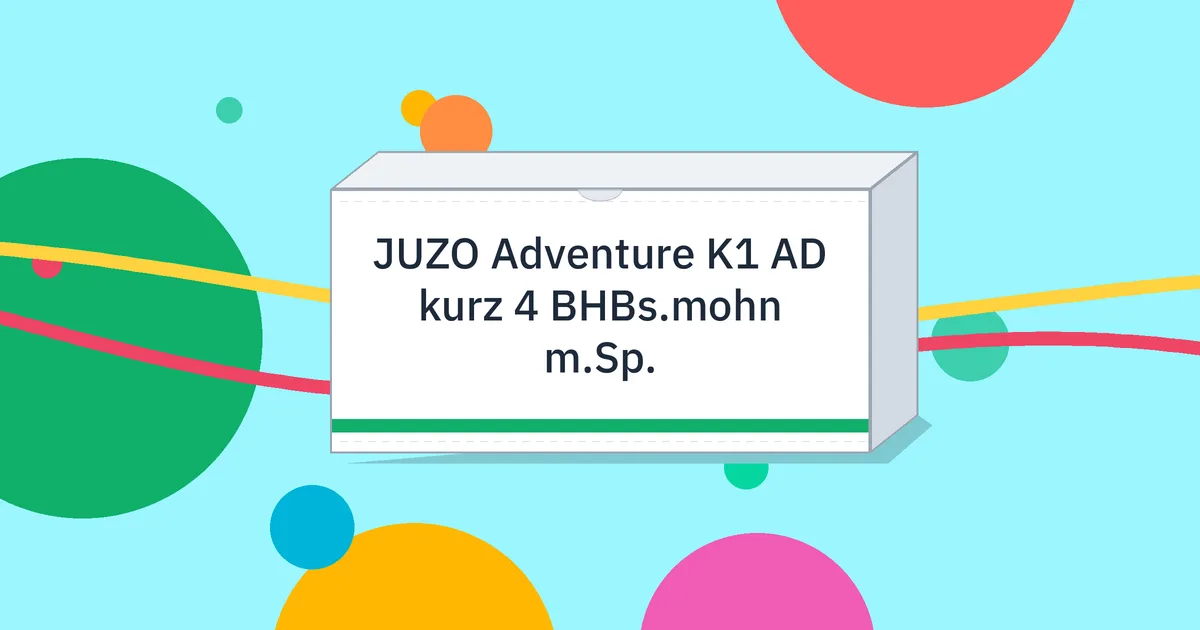 Symbolbild: Packung mit der Aufschrift JUZO Adventure K1 AD kurz 4 BHBs.mohn m.Sp. (PZN 15496314) – Verfügbarkeit und Bezug in Apotheken in Frankfurt am Main