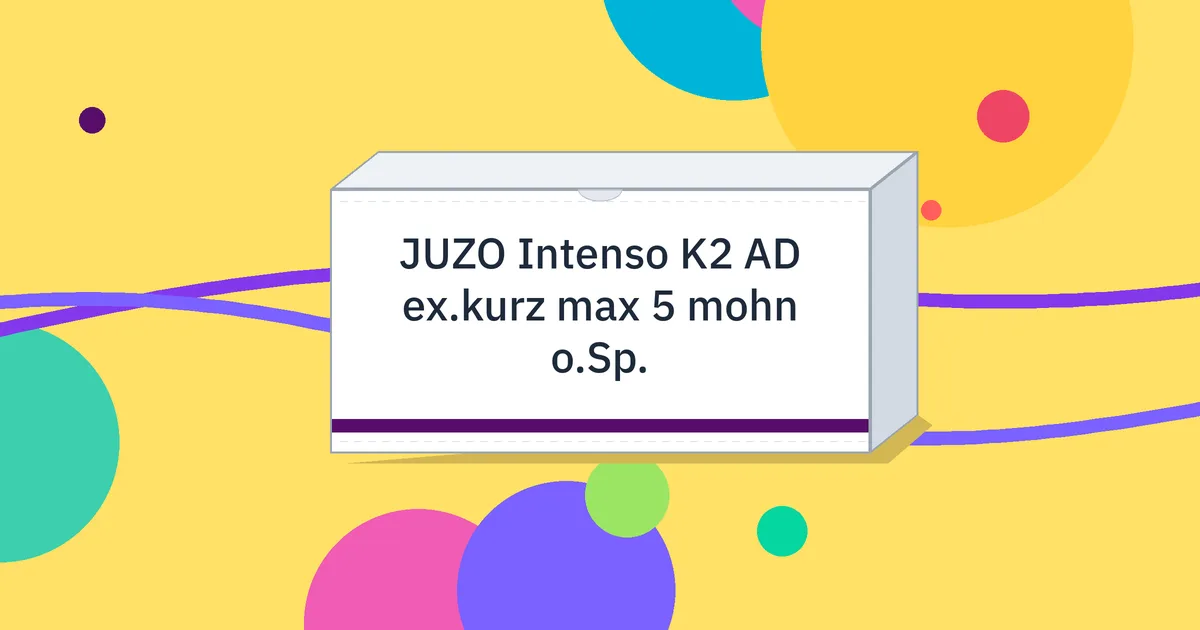 Symbolbild: Packung mit der Aufschrift JUZO Intenso K2 AD ex.kurz max 5 mohn o.Sp. (PZN 18617698) – Verfügbarkeit und Bezug in Apotheken in Frankfurt am Main