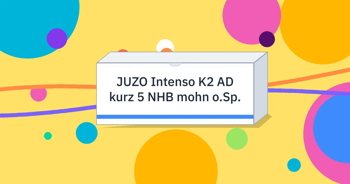 Symbolbild: Packung mit der Aufschrift JUZO Intenso K2 AD kurz 5 NHB mohn o.Sp. (PZN 18621748) – Verfügbarkeit und Bezug in Apotheken in Frankfurt am Main