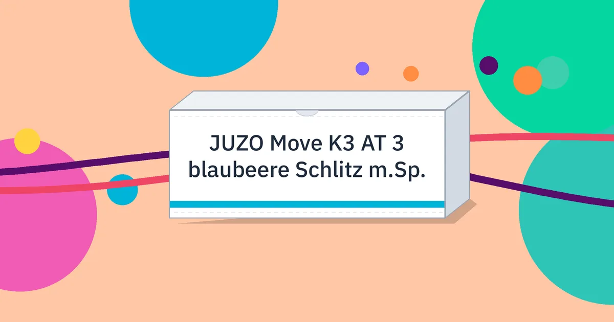 Symbolbild: Packung mit der Aufschrift JUZO Move K3 AT 3 blaubeere Schlitz m.Sp. (PZN 20678000) – Verfügbarkeit und Bezug in Apotheken in Frankfurt am Main