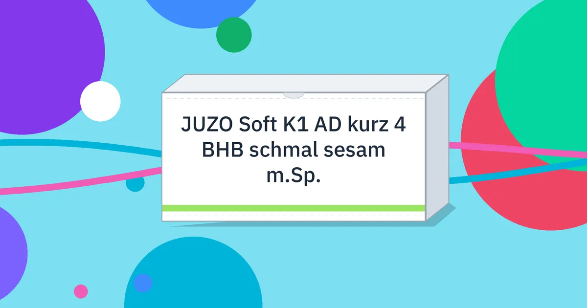 Symbolbild: Packung mit der Aufschrift JUZO Soft K1 AD kurz 4 BHB schmal sesam m.Sp. (PZN 15461652) – Verfügbarkeit und Bezug in Apotheken in Frankfurt am Main