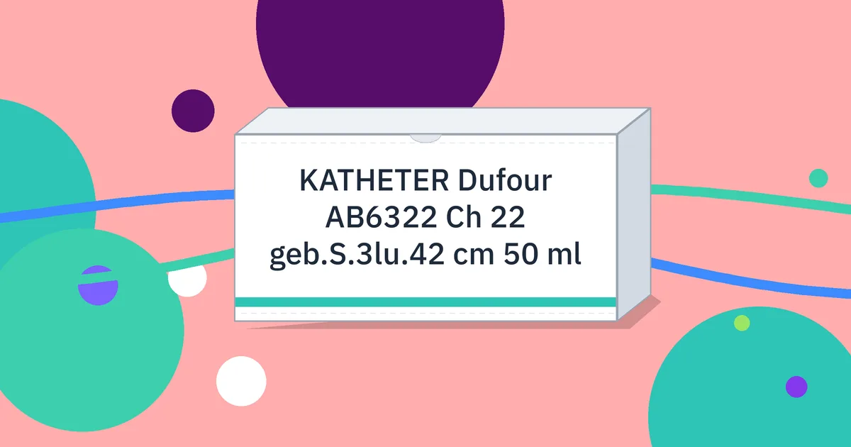 Symbolbild: Packung mit der Aufschrift KATHETER Dufour AB6322 Ch 22 geb.S.3lu.42 cm 50 ml (PZN 00152939) – Verfügbarkeit und Bezug in Apotheken in Frankfurt am Main