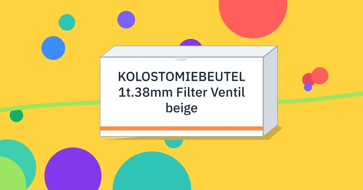 Symbolbild: Packung mit der Aufschrift KOLOSTOMIEBEUTEL 1t.38mm Filter Ventil beige (PZN 10045966) – Verfügbarkeit und Bezug in Apotheken in Frankfurt am Main