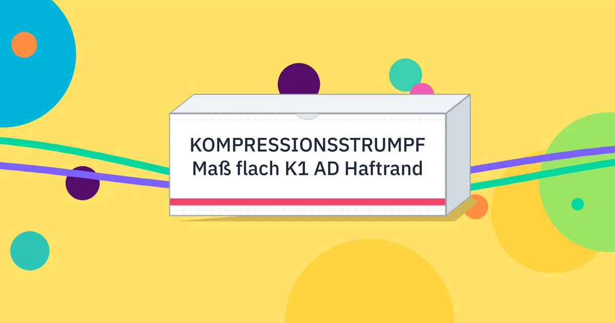 Symbolbild: Packung mit der Aufschrift KOMPRESSIONSSTRUMPF Maß flach K1 AD Haftrand (PZN 16744978) – Verfügbarkeit und Bezug in Apotheken in Frankfurt am Main