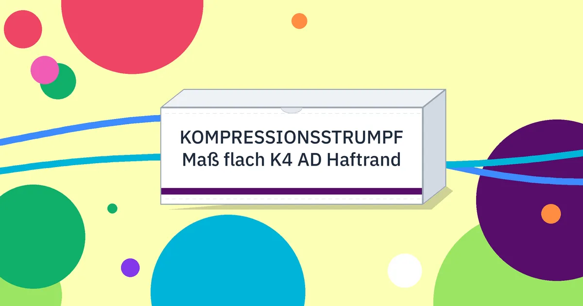 Symbolbild: Packung mit der Aufschrift KOMPRESSIONSSTRUMPF Maß flach K4 AD Haftrand (PZN 16745096) – Verfügbarkeit und Bezug in Apotheken in Frankfurt am Main