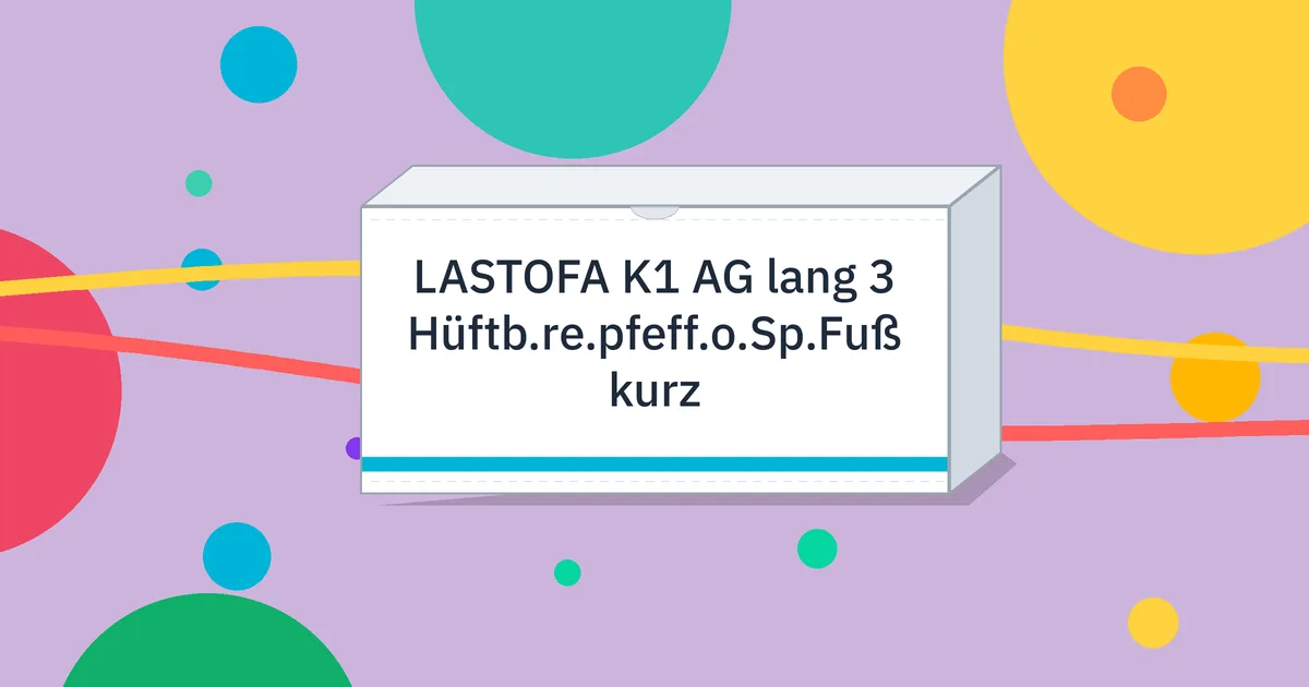 Symbolbild: Packung mit der Aufschrift LASTOFA K1 AG lang 3 Hüftb.re.pfeff.o.Sp.Fuß kurz (PZN 13798235) – Verfügbarkeit und Bezug in Apotheken in Frankfurt am Main