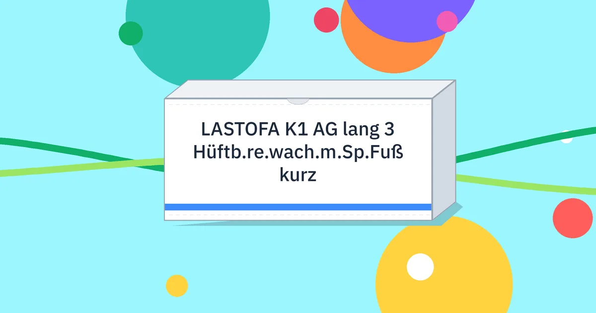 Symbolbild: Packung mit der Aufschrift LASTOFA K1 AG lang 3 Hüftb.re.wach.m.Sp.Fuß kurz (PZN 13798057) – Verfügbarkeit und Bezug in Apotheken in Frankfurt am Main
