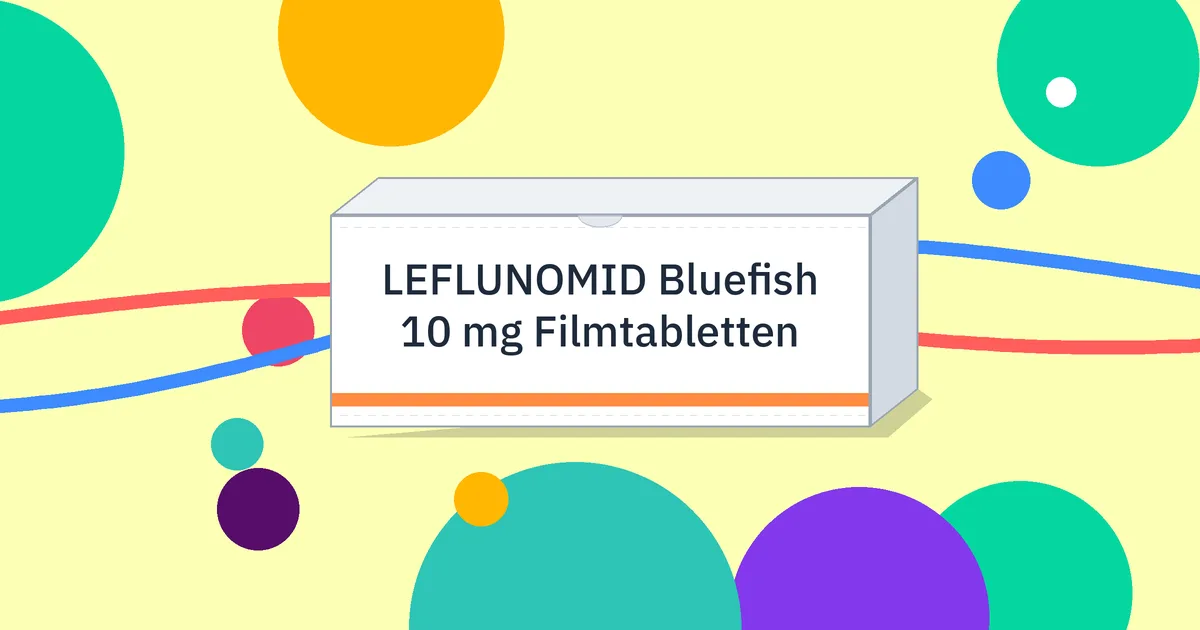 Symbolbild: Packung mit der Aufschrift LEFLUNOMID Bluefish 10 mg Filmtabletten (PZN 10709797) – Verfügbarkeit und Bezug in Apotheken in Frankfurt am Main