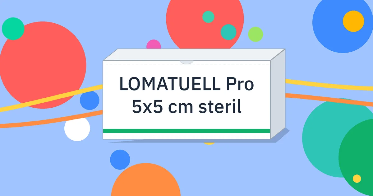 Symbolbild: Packung mit der Aufschrift LOMATUELL Pro 5x5 cm steril (PZN 17240731) – Verfügbarkeit und Bezug in Apotheken in Frankfurt am Main