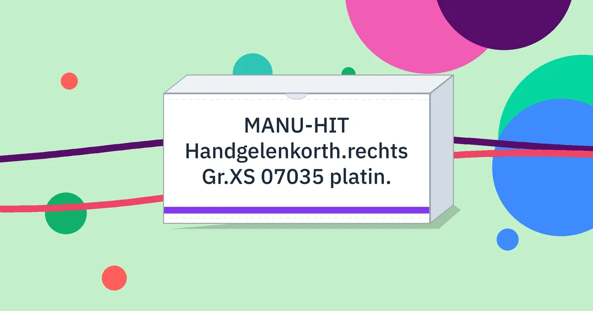 Symbolbild: Packung mit der Aufschrift MANU-HIT Handgelenkorth.rechts Gr.XS 07035 platin. (PZN 03262114) – Verfügbarkeit und Bezug in Apotheken in Frankfurt am Main