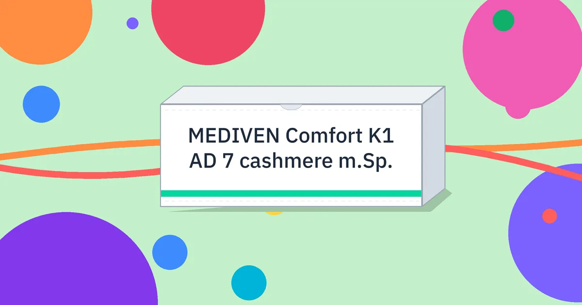 Symbolbild: Packung mit der Aufschrift MEDIVEN Comfort K1 AD 7 cashmere m.Sp. (PZN 14658571) – Verfügbarkeit und Bezug in Apotheken in Frankfurt am Main