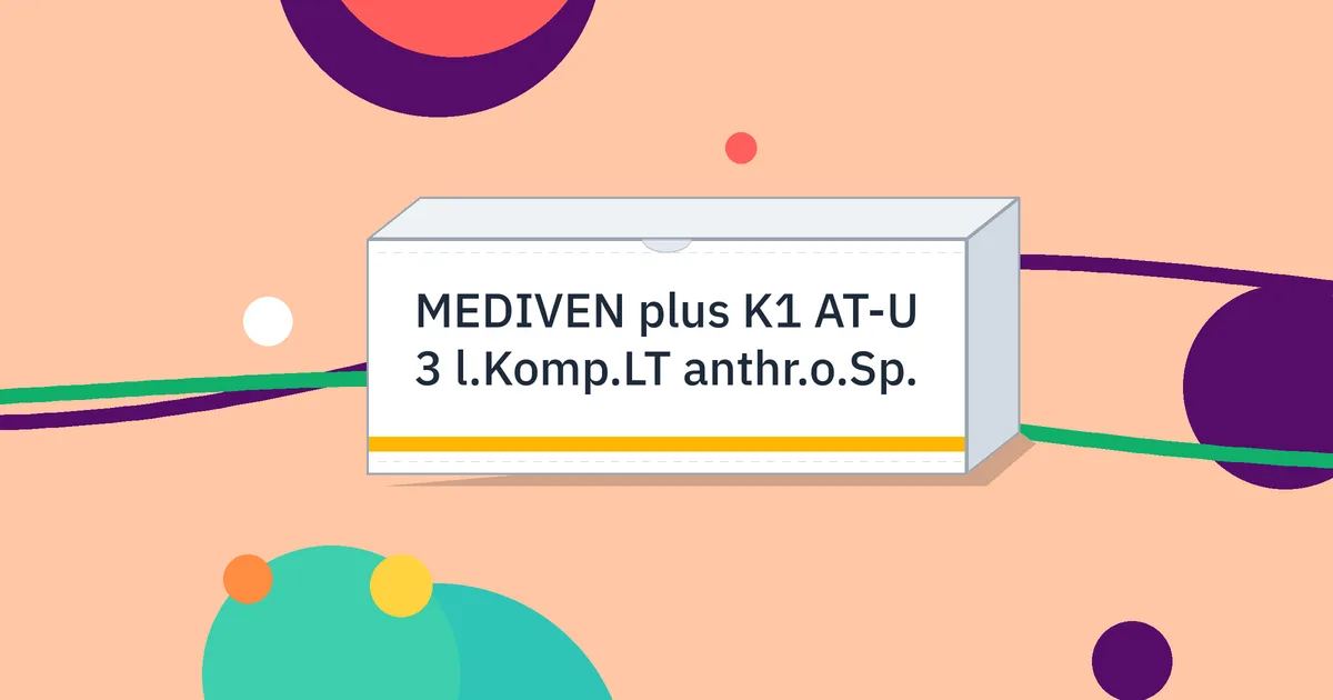 Symbolbild: Packung mit der Aufschrift MEDIVEN plus K1 AT-U 3 l.Komp.LT anthr.o.Sp. (PZN 15032721) – Verfügbarkeit und Bezug in Apotheken in Frankfurt am Main