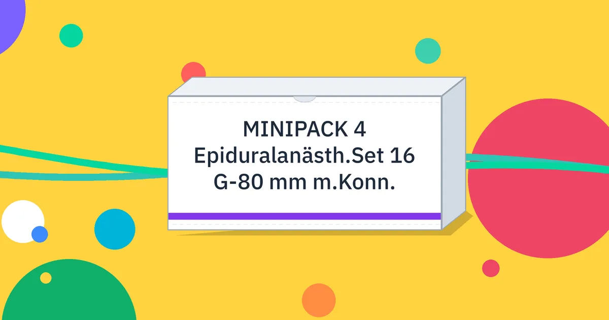 Symbolbild: Packung mit der Aufschrift MINIPACK 4 Epiduralanästh.Set 16 G-80 mm m.Konn. (PZN 02399153) – Verfügbarkeit und Bezug in Apotheken in Frankfurt am Main