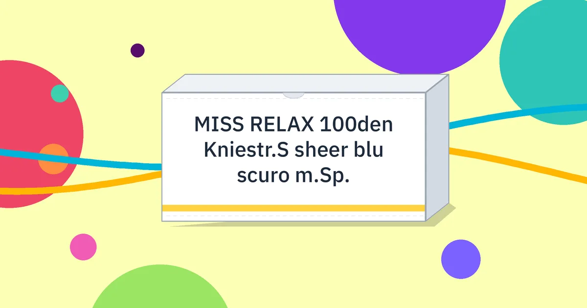Symbolbild: Packung mit der Aufschrift MISS RELAX 100den Kniestr.S sheer blu scuro m.Sp. (PZN 01635806) – Verfügbarkeit und Bezug in Apotheken in Frankfurt am Main