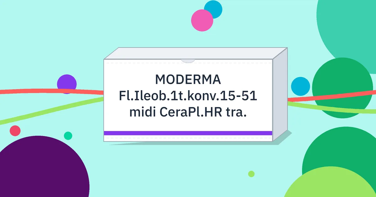 Symbolbild: Packung mit der Aufschrift MODERMA Fl.Ileob.1t.konv.15-51 midi CeraPl.HR tra. (PZN 12417219) – Verfügbarkeit und Bezug in Apotheken in Frankfurt am Main