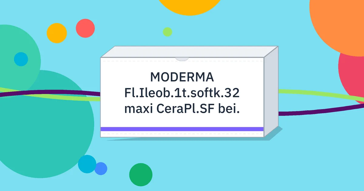Symbolbild: Packung mit der Aufschrift MODERMA Fl.Ileob.1t.softk.32 maxi CeraPl.SF bei. (PZN 18109039) – Verfügbarkeit und Bezug in Apotheken in Frankfurt am Main