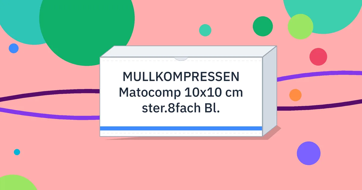 Symbolbild: Packung mit der Aufschrift MULLKOMPRESSEN Matocomp 10x10 cm ster.8fach Bl. (PZN 03377840) – Verfügbarkeit und Bezug in Apotheken in Frankfurt am Main