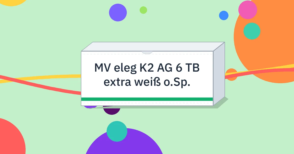 Symbolbild: Packung mit der Aufschrift MV eleg K2 AG 6 TB extra weiß o.Sp. (PZN 09877259) – Verfügbarkeit und Bezug in Apotheken in Frankfurt am Main