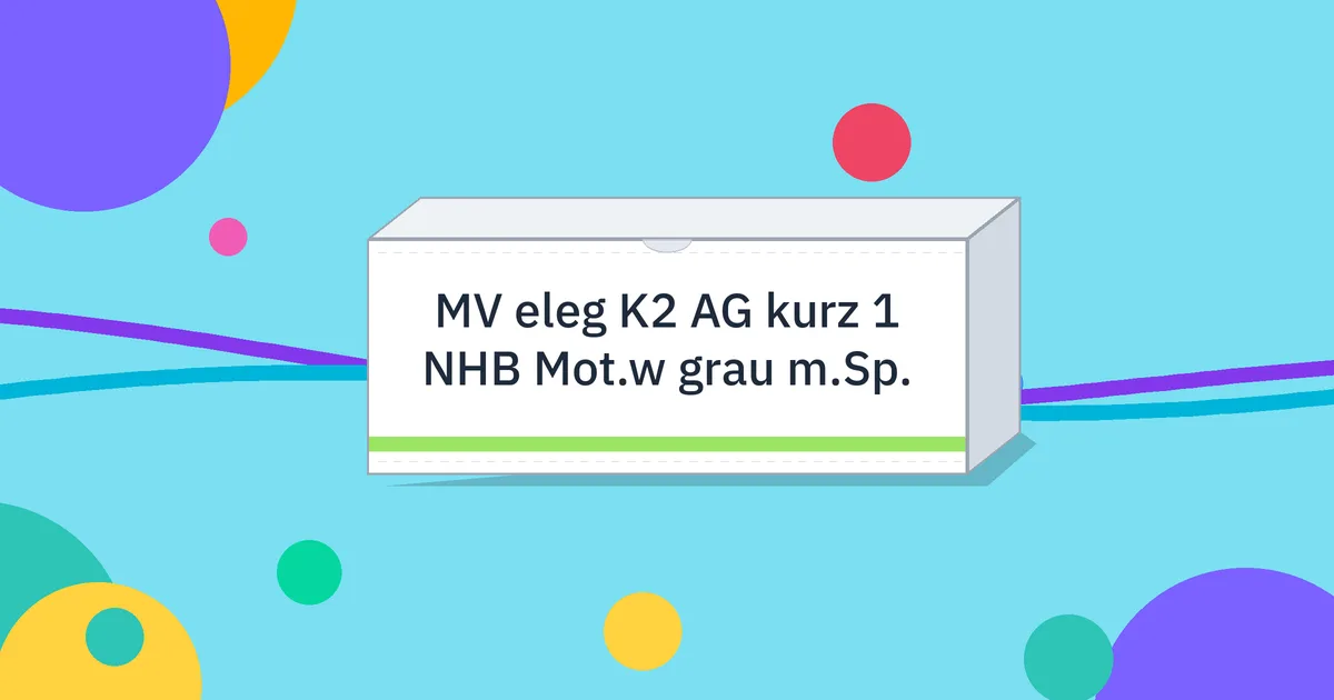 Symbolbild: Packung mit der Aufschrift MV eleg K2 AG kurz 1 NHB Mot.w grau m.Sp. (PZN 18927826) – Verfügbarkeit und Bezug in Apotheken in Frankfurt am Main