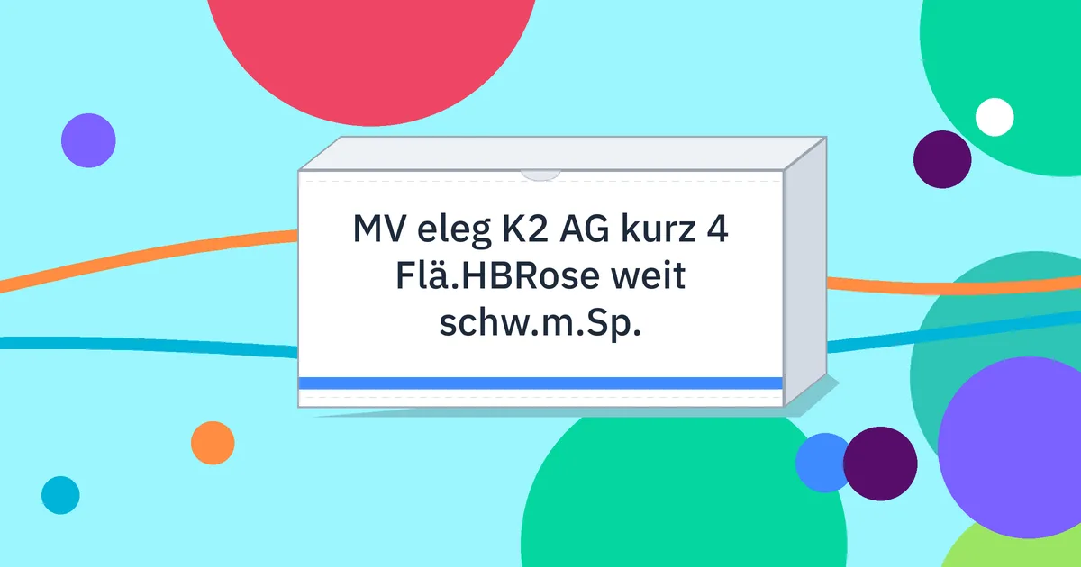Symbolbild: Packung mit der Aufschrift MV eleg K2 AG kurz 4 Flä.HBRose weit schw.m.Sp. (PZN 15707142) – Verfügbarkeit und Bezug in Apotheken in Frankfurt am Main