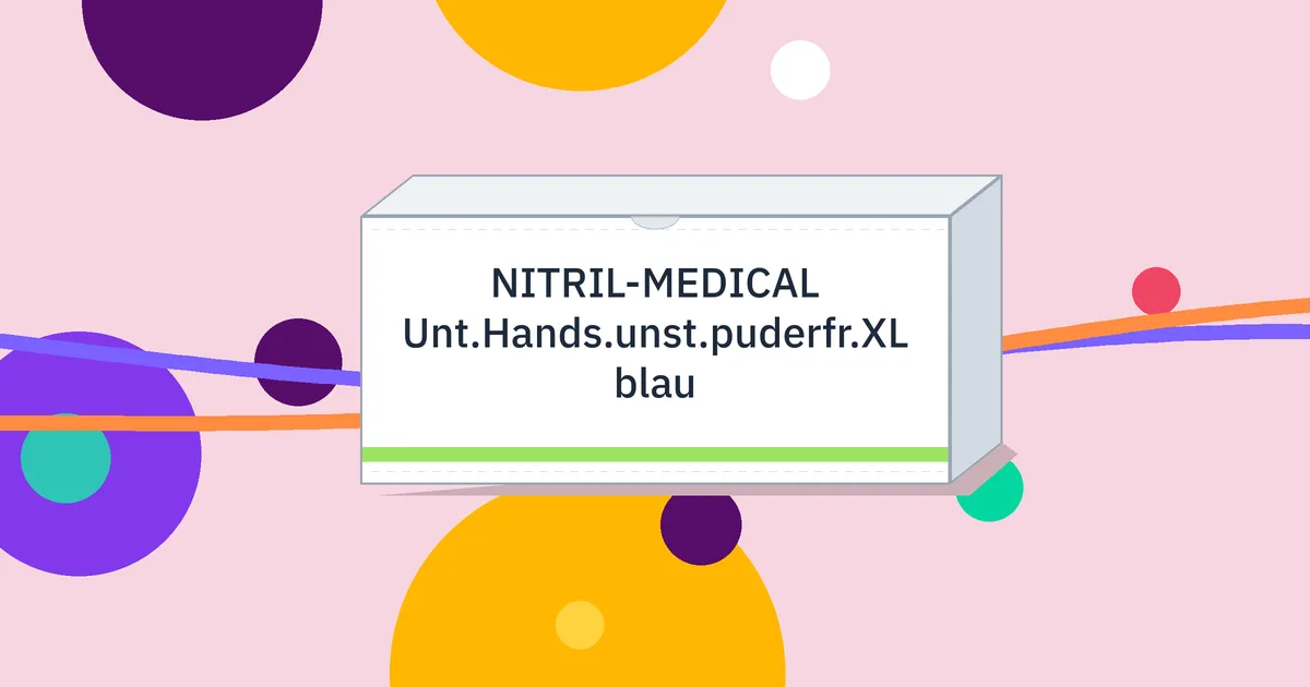 Symbolbild: Packung mit der Aufschrift NITRIL-MEDICAL Unt.Hands.unst.puderfr.XL blau (PZN 18408262) – Verfügbarkeit und Bezug in Apotheken in Frankfurt am Main