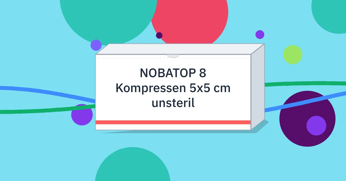 Symbolbild: Packung mit der Aufschrift NOBATOP 8 Kompressen 5x5 cm unsteril (PZN 05508565) – Verfügbarkeit und Bezug in Apotheken in Frankfurt am Main