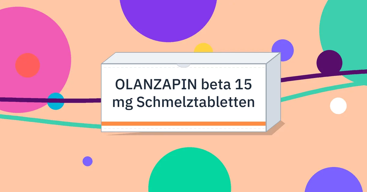 Symbolbild: Packung mit der Aufschrift OLANZAPIN beta 15 mg Schmelztabletten (PZN 08833202) – Verfügbarkeit und Bezug in Apotheken in Frankfurt am Main