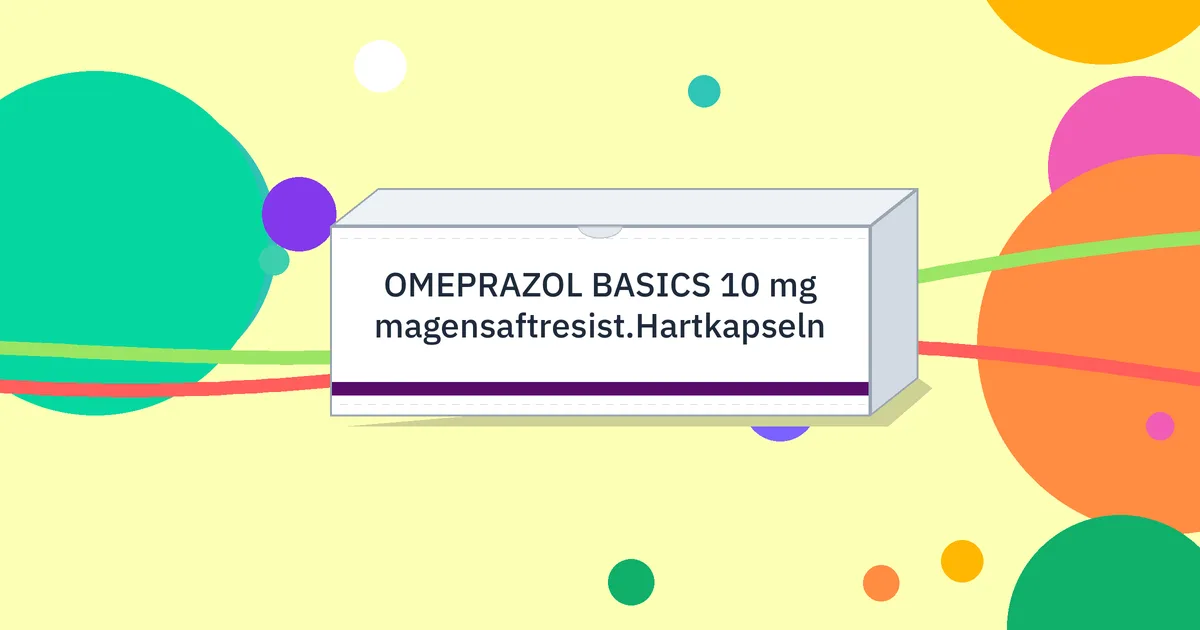 Symbolbild: Packung mit der Aufschrift OMEPRAZOL BASICS 10 mg magensaftresist.Hartkapseln (PZN 13234685) – Verfügbarkeit und Bezug in Apotheken in Frankfurt am Main