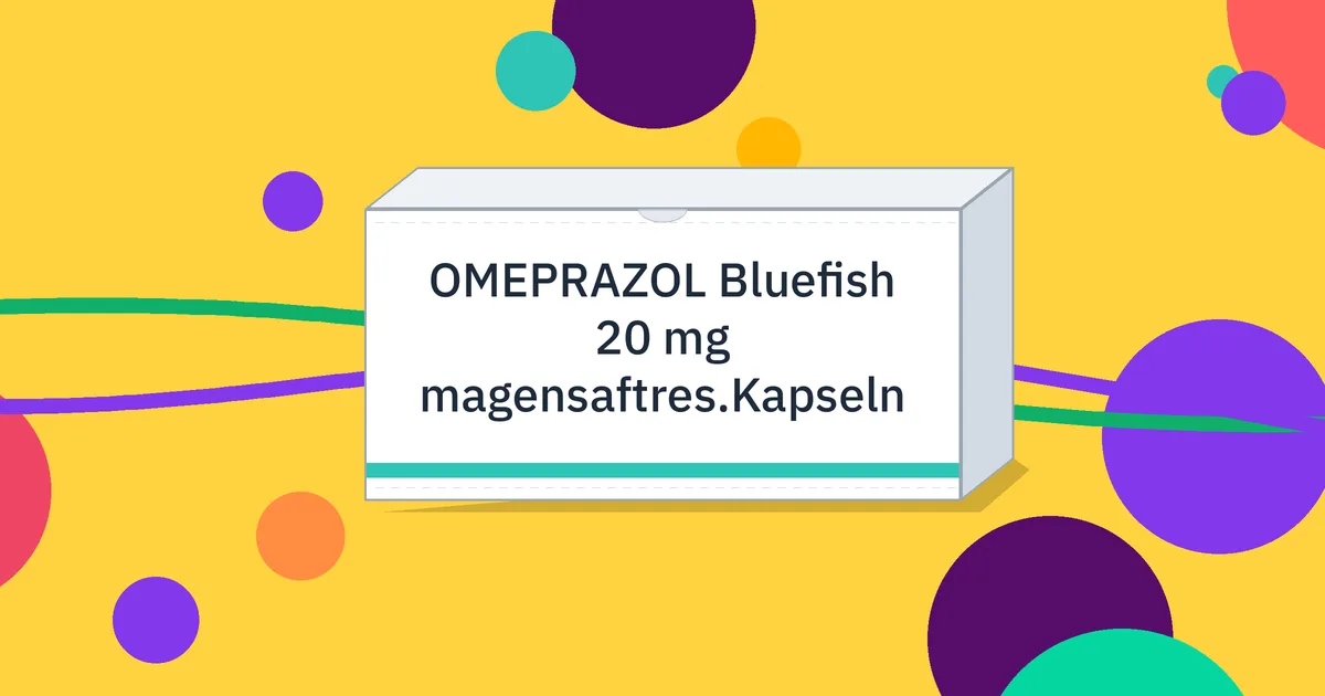 Symbolbild: Packung mit der Aufschrift OMEPRAZOL Bluefish 20 mg magensaftres.Kapseln (PZN 06880634) – Verfügbarkeit und Bezug in Apotheken in Frankfurt am Main