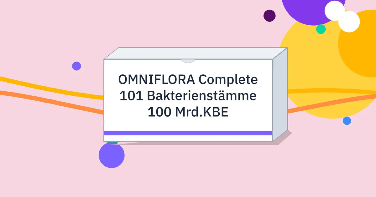 Symbolbild: Packung mit der Aufschrift OMNIFLORA Complete 101 Bakterienstämme 100 Mrd.KBE (PZN 19628623) – Verfügbarkeit und Bezug in Apotheken in Frankfurt am Main