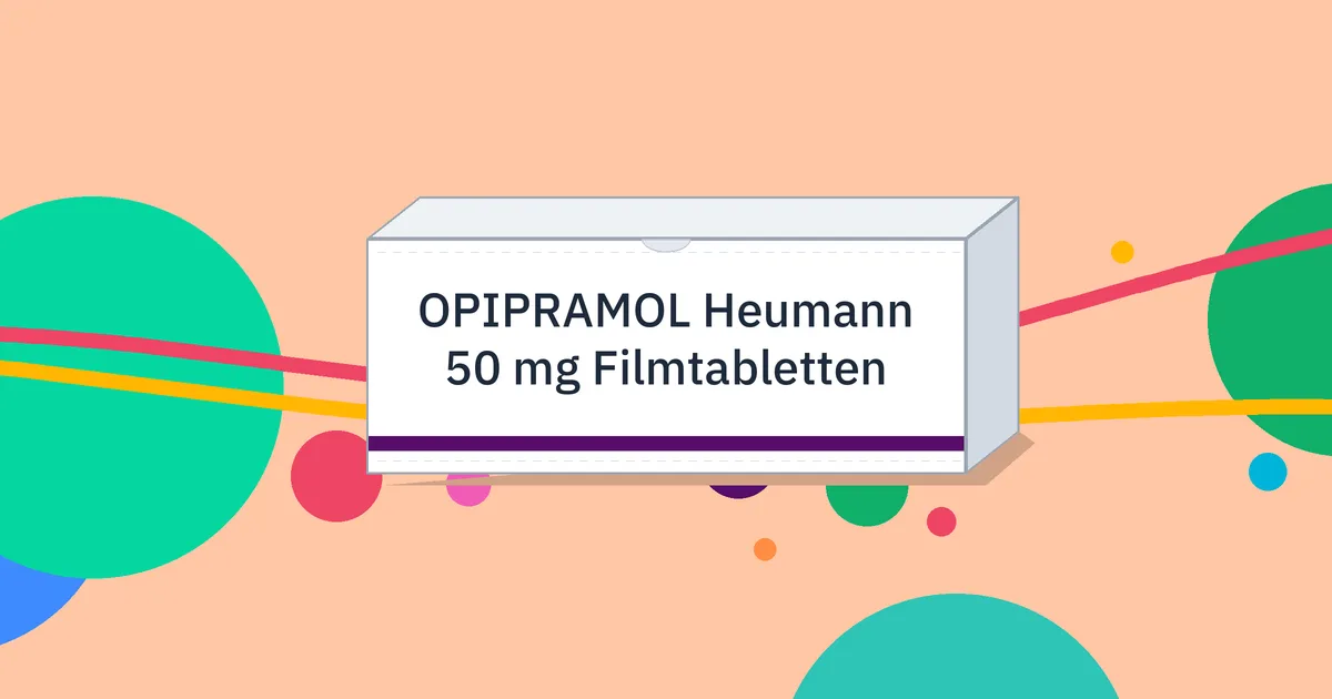 Symbolbild: Packung mit der Aufschrift OPIPRAMOL Heumann 50 mg Filmtabletten (PZN 09166593) – Verfügbarkeit und Bezug in Apotheken in Frankfurt am Main