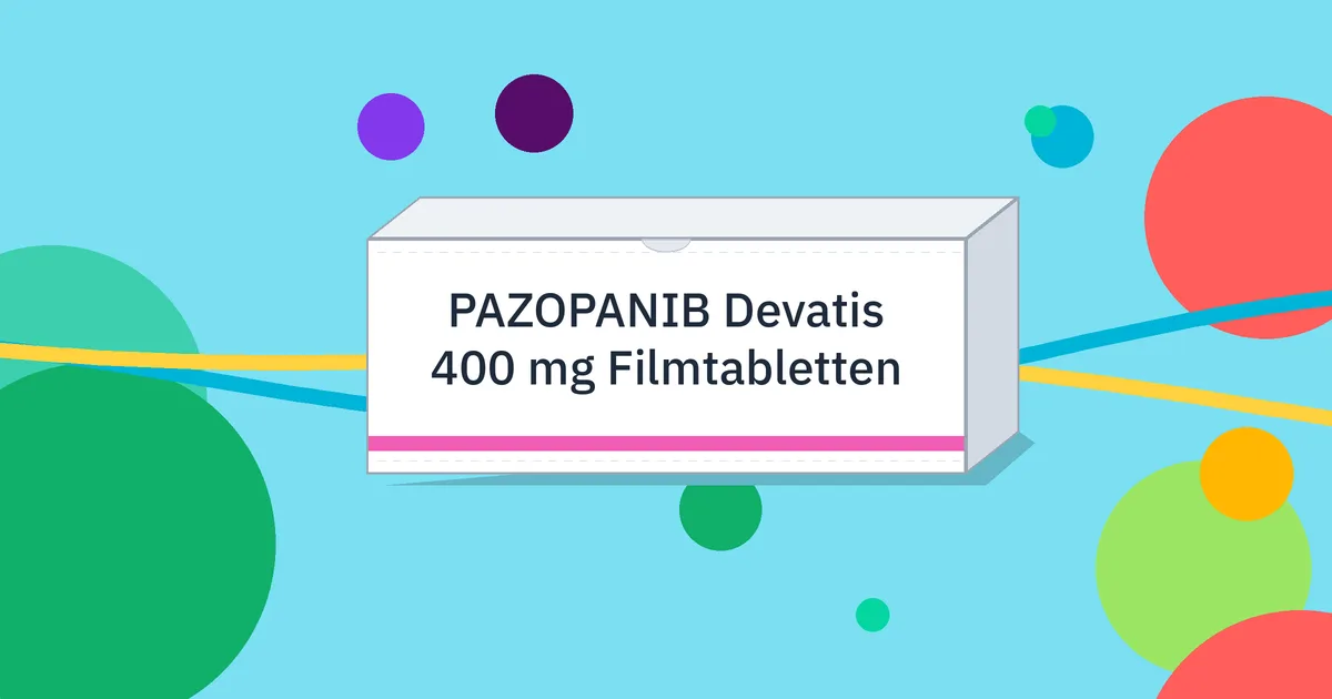Symbolbild: Packung mit der Aufschrift PAZOPANIB Devatis 400 mg Filmtabletten (PZN 20088451) – Verfügbarkeit und Bezug in Apotheken in Frankfurt am Main