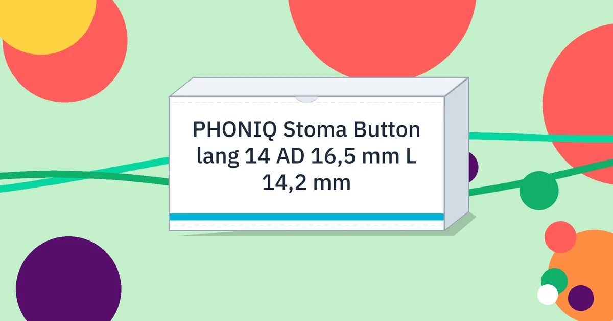 Symbolbild: Packung mit der Aufschrift PHONIQ Stoma Button lang 14 AD 16,5 mm L 14,2 mm (PZN 17381609) – Verfügbarkeit und Bezug in Apotheken in Frankfurt am Main