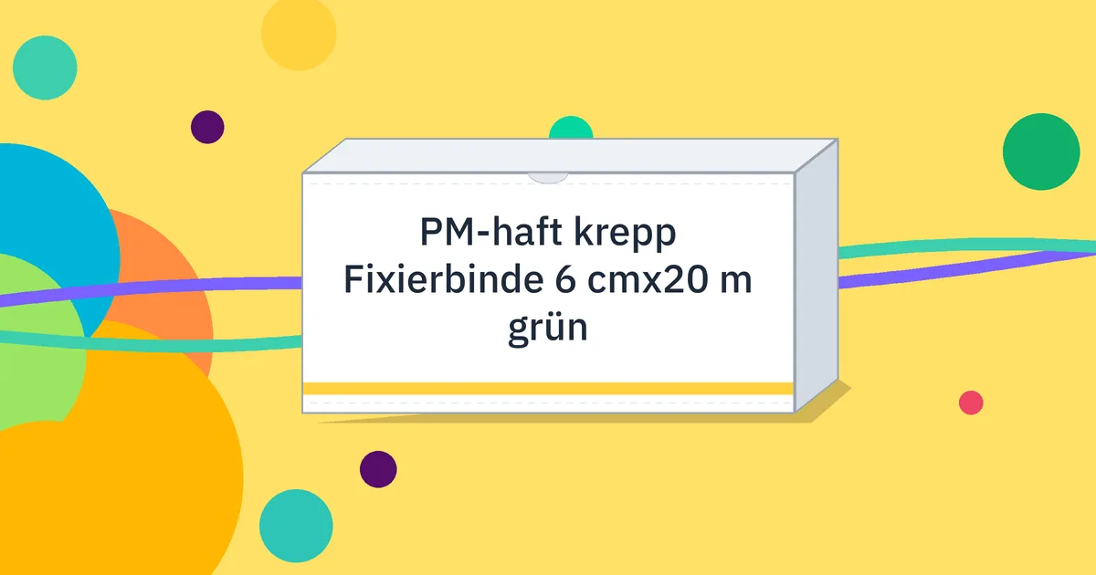 Symbolbild: Packung mit der Aufschrift PM-haft krepp Fixierbinde 6 cmx20 m grün (PZN 18846602) – Verfügbarkeit und Bezug in Apotheken in Frankfurt am Main