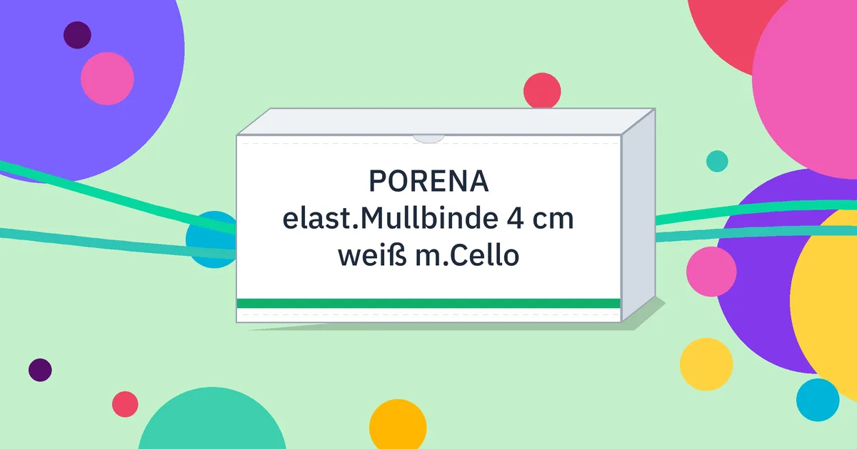 Symbolbild: Packung mit der Aufschrift PORENA elast.Mullbinde 4 cm weiß m.Cello (PZN 02794984) – Verfügbarkeit und Bezug in Apotheken in Frankfurt am Main