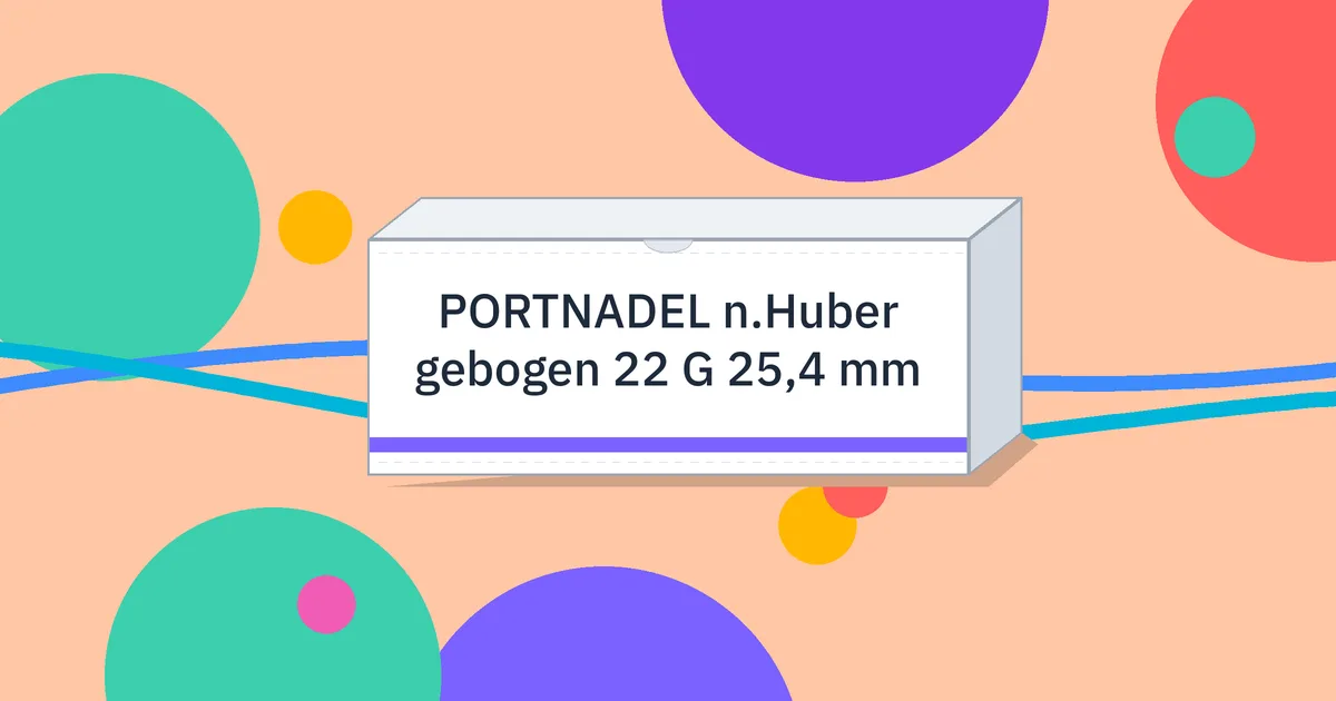Symbolbild: Packung mit der Aufschrift PORTNADEL n.Huber gebogen 22 G 25,4 mm (PZN 09314898) – Verfügbarkeit und Bezug in Apotheken in Frankfurt am Main