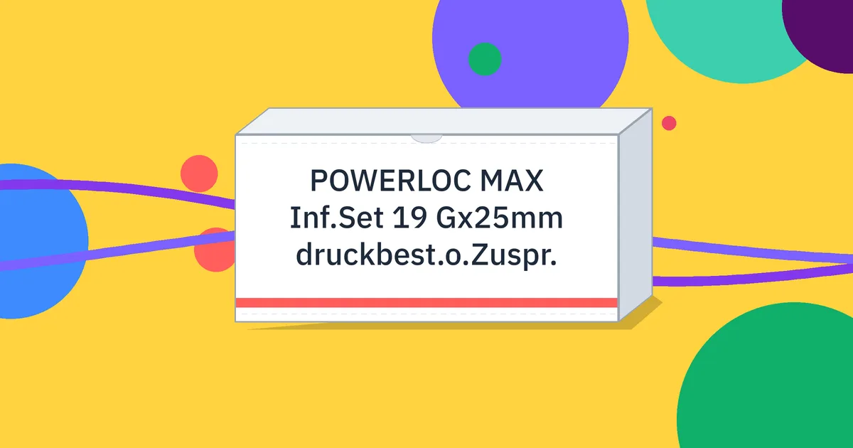 Symbolbild: Packung mit der Aufschrift POWERLOC MAX Inf.Set 19 Gx25mm druckbest.o.Zuspr. (PZN 19129245) – Verfügbarkeit und Bezug in Apotheken in Frankfurt am Main